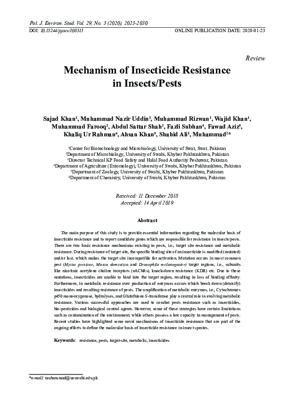 (PDF) Mechanism of Insecticide Resistance in Insects/Pests