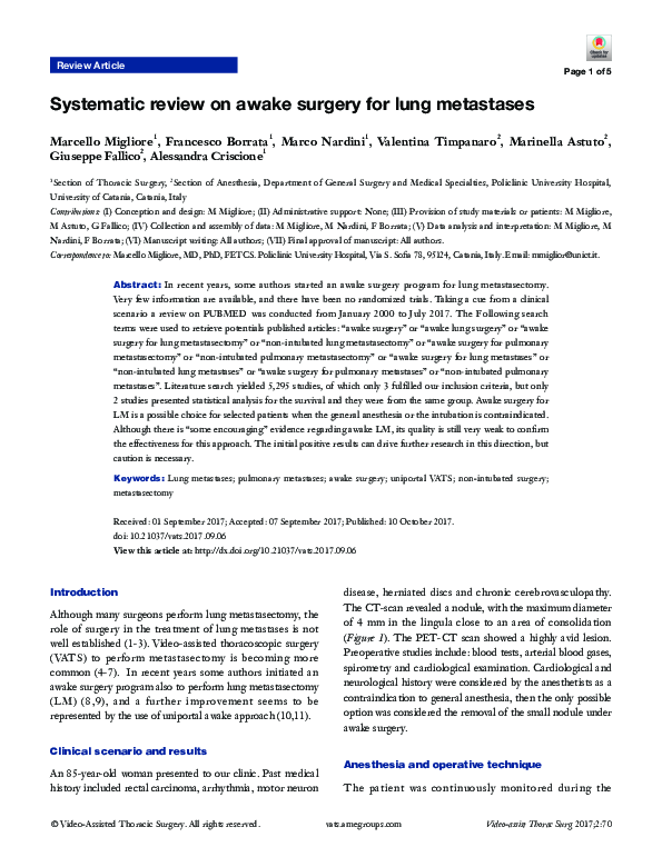 (PDF) Systematic review on awake surgery for lung metastases