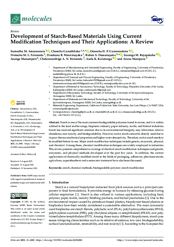 Pdf Development Of Starch Based Materials Using Current Modification Techniques And Their