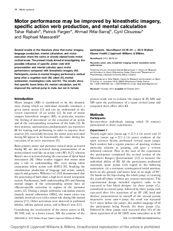 (PDF) Motor performance may be improved by kinesthetic imagery, specific action verb production ...