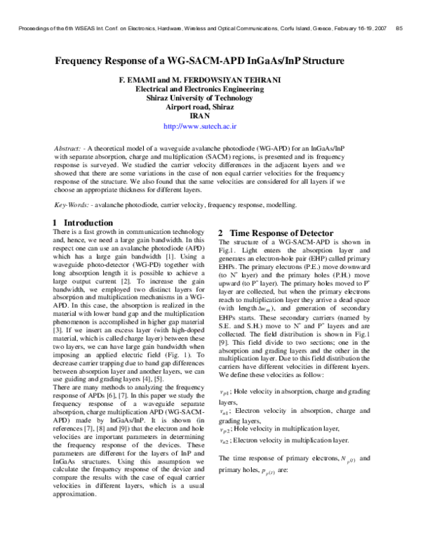 (PDF) Frequency response of a WG-SACM-APD InGaAs/InP structure