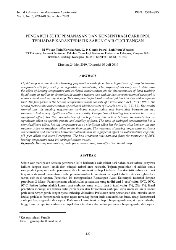 (PDF) Pengaruh Suhu Pemanasan Dan Konsentrasi Carbopol Terhadap Karakteristik Sabun Cair Cuci Tangan