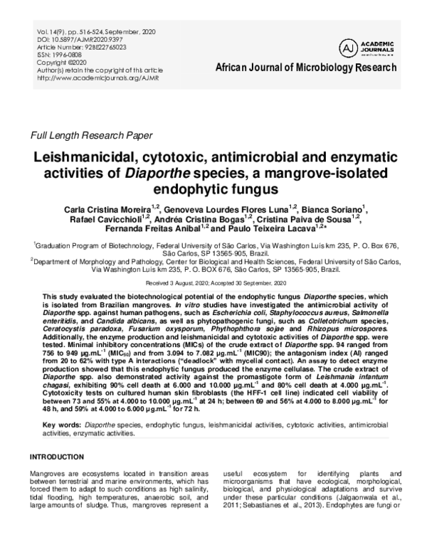 (PDF) Leishmanicidal, cytotoxic, antimicrobial and enzymatic activities of Diaporthe species, a ...