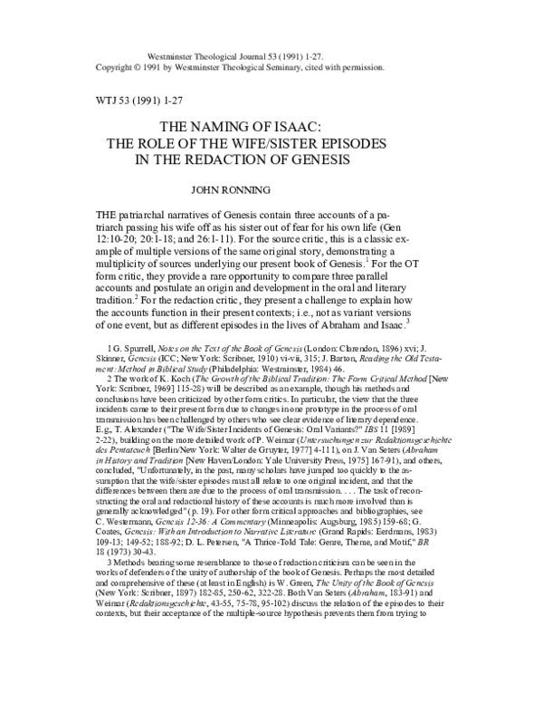 (PDF) The Naming Of Isaac - The Role Of The Wife/Sister Stories In The ...