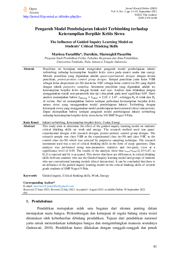 (PDF) Pengaruh Model Pembelajaran Inkuiri Terbimbing terhadap Keterampilan Berpikir Kritis Siswa ...