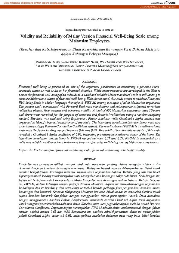 (PDF) Validity and Reliability of Malay Version Financial Well-Being Scale among Malaysian ...