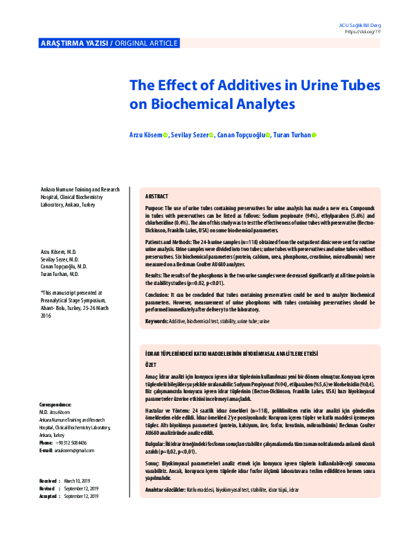 (PDF) The Effect of Additives in Urine Tubes on Biochemical Analytes