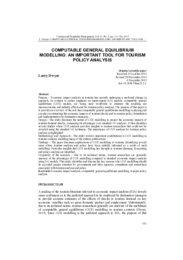 Pdf Computable General Equilibrium Modelling An Important Tool For Tourism Policy Analysis