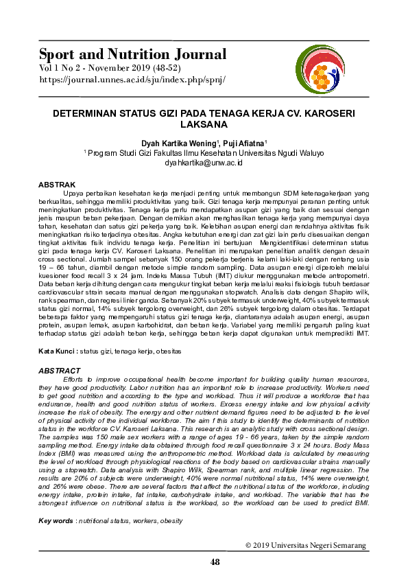 (PDF) Determinan Status Gizi Tenaga Kerja di CV. Karoseri Laksana