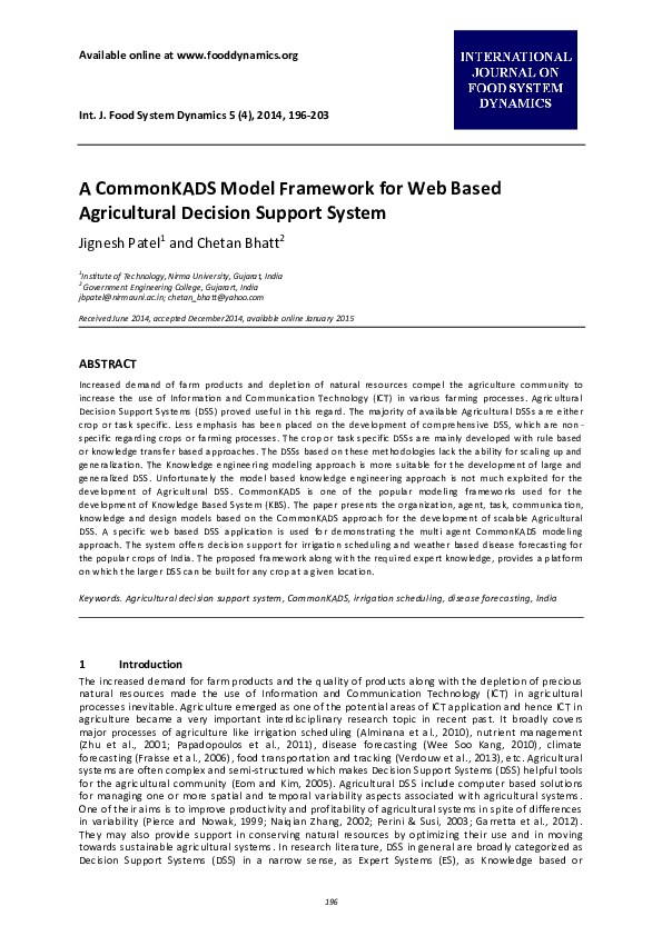 (PDF) A CommonKADS Model Framework for Web Based Agricultural Decision Support System