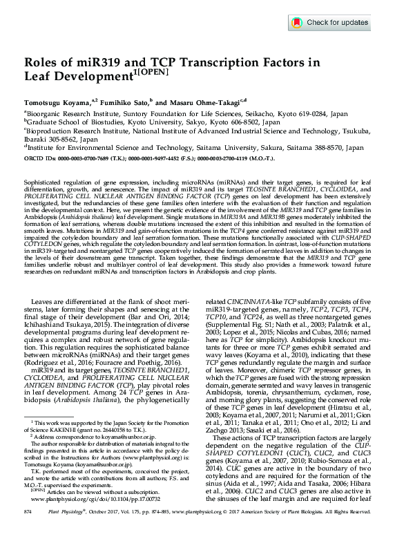 (PDF) Roles of miR319 and TCP Transcription Factors in Leaf Development