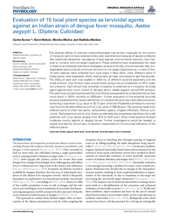 (PDF) Evaluation of 15 Local Plant Species as Larvicidal Agents Against ...