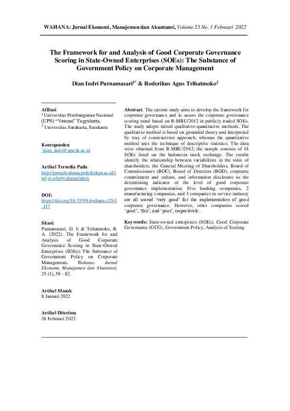 (PDF) The Framework for and Analysis of Good Corporate Governance Scoring in State-Owned ...