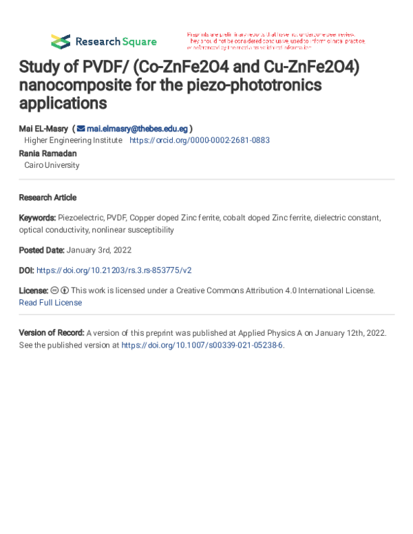 (PDF) Study of PVDF/ (Co-ZnFe2O4 and Cu-ZnFe2O4) nanocomposite for the ...