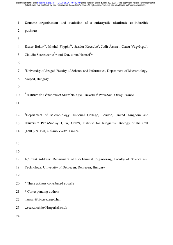(PDF) Genome organisation and evolution of a eukaryotic nicotinate co ...