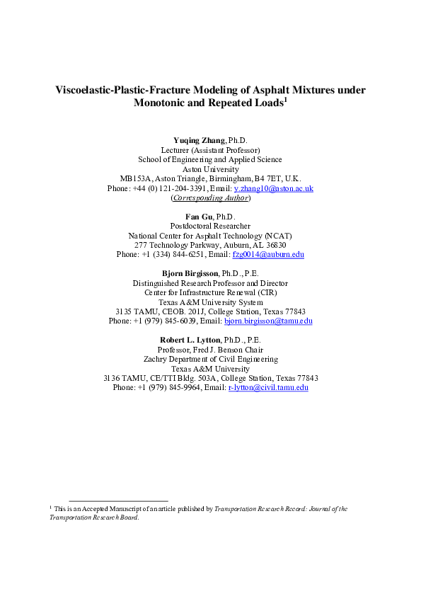 (PDF) Viscoelasticplastic–Fracture Modeling of Asphalt Mixtures Under Monotonic and Repeated Loads