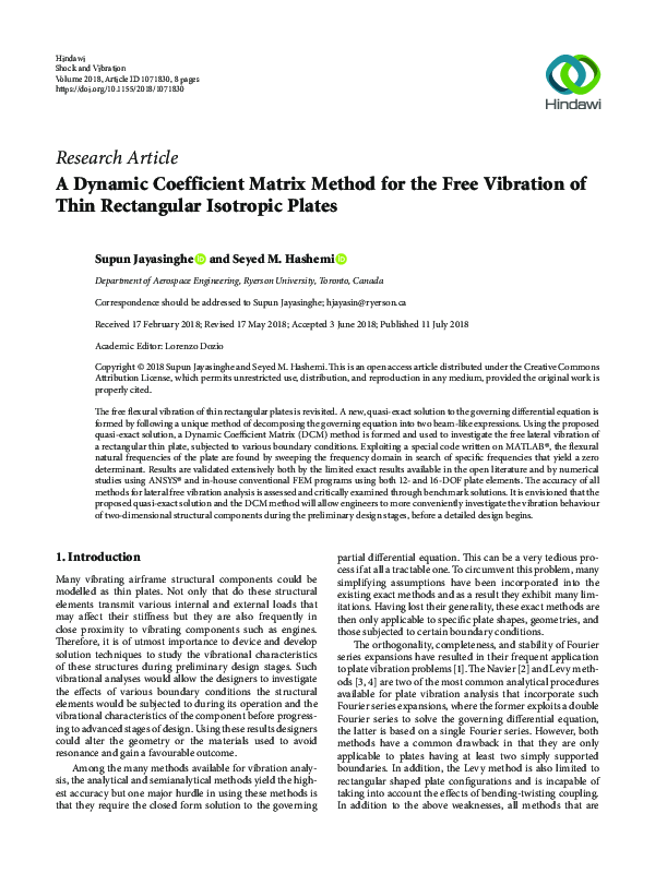 Pdf A Dynamic Coefficient Matrix Method For The Free Vibration Of Thin Rectangular Isotropic