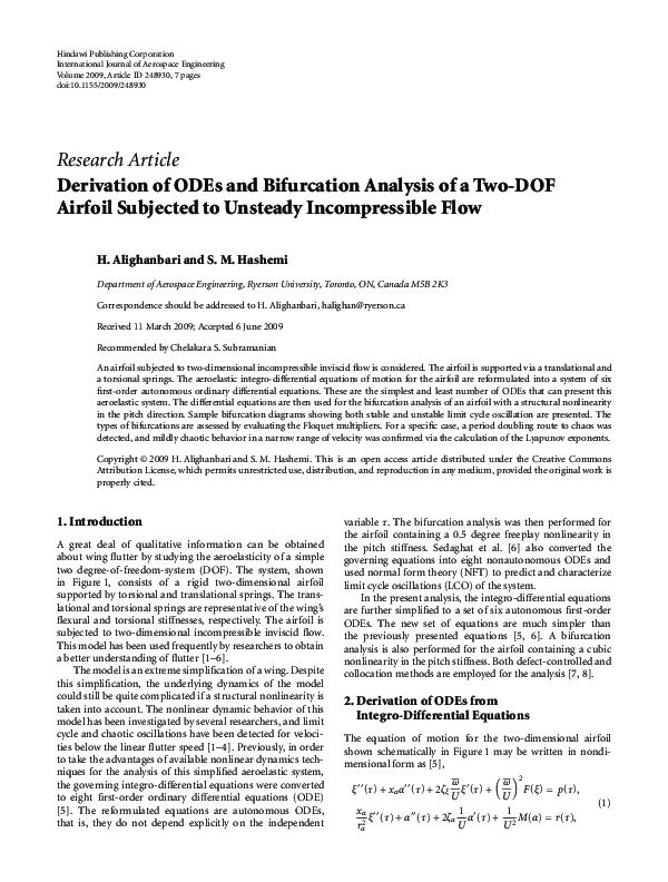 Pdf Derivation Of Odes And Bifurcation Analysis Of A Two Dof Airfoil Subjected To Unsteady 