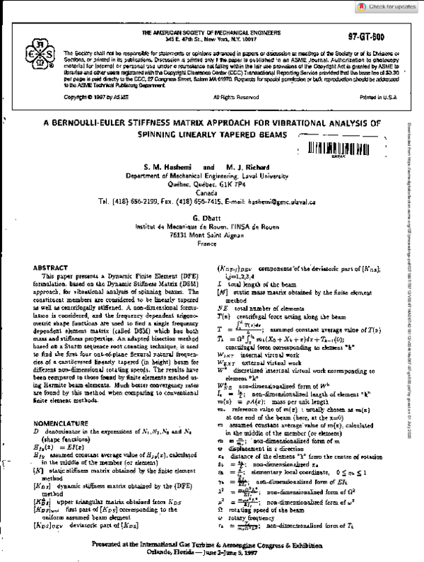 Pdf A Bernoulli Euler Stiffness Matrix Approach For Vibrational Analysis Of Spinning Linearly
