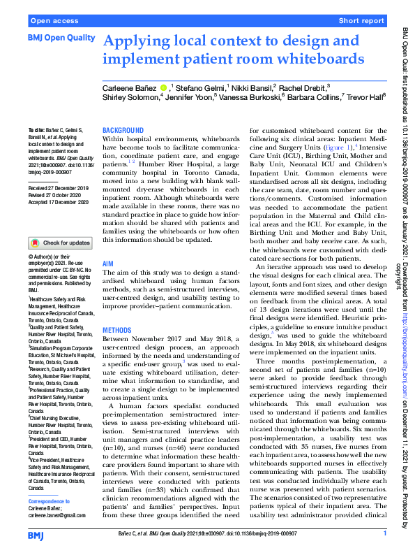 (PDF) Applying local context to design and implement patient room whiteboards | Jennifer Yoon ...