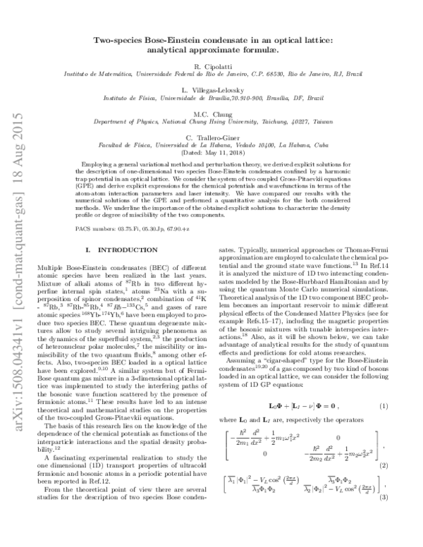 Pdf Two Species Bose Einstein Condensate In An Optical Lattice Analytical Approximate