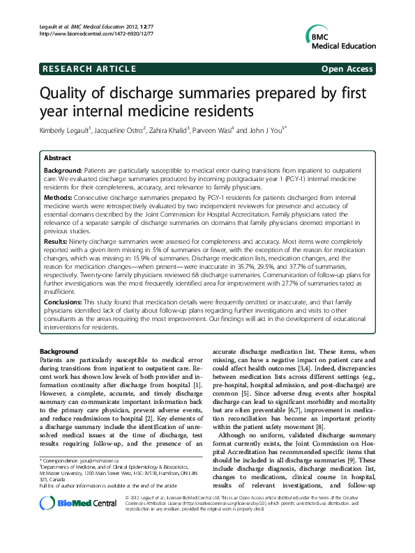 (PDF) Quality of discharge summaries prepared by first year internal medicine residents