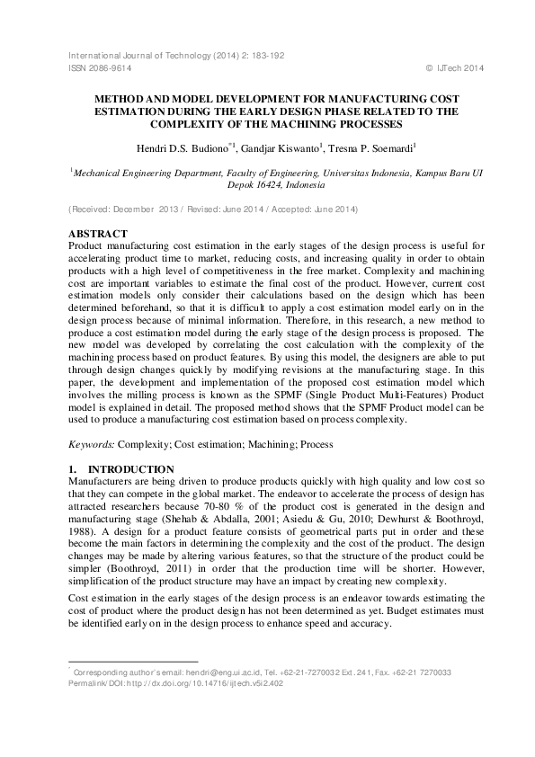 (PDF) Method and Model Development for Manufacturing Cost Estimation during the Early Design ...