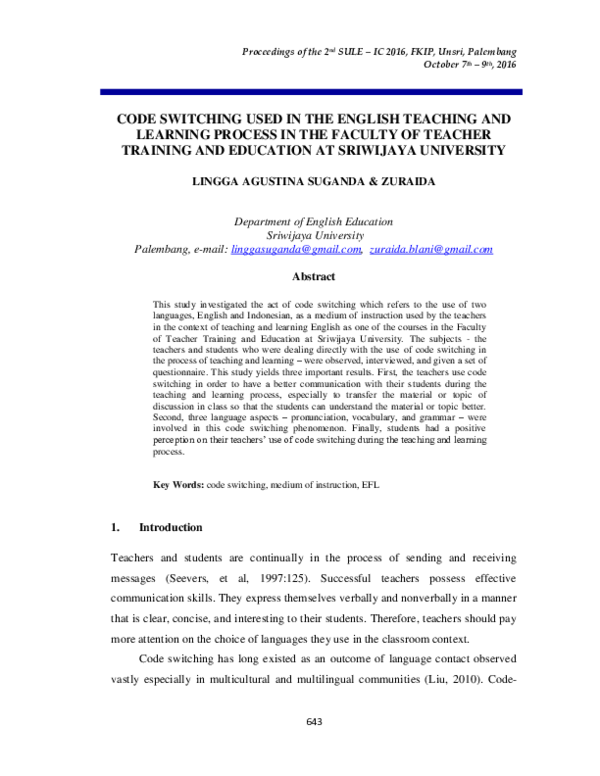 (PDF) Code Switching Used in the English Teaching and Learning Process ...