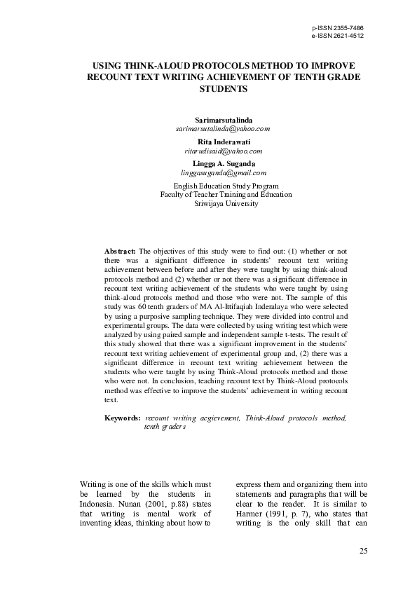 (PDF) Using Think-Aloud Protocols Method to Improve Recount Text Writing Achievement of Tenth ...