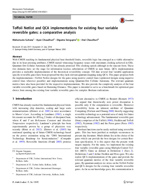 Pdf Toffoli Netlist And Qca Implementations For Existing Four Variable Reversible Gates A