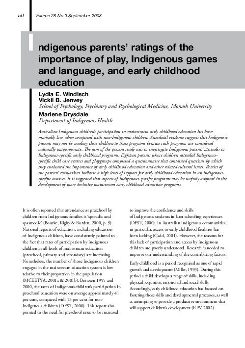 (PDF) Indigenous Parents' Ratings of the Importance of Play, Indigenous ...