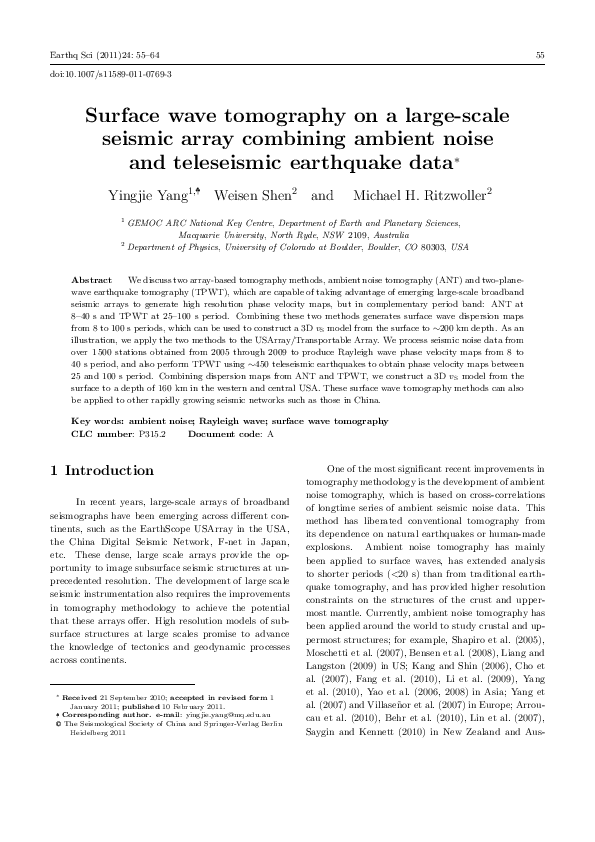 Pdf Surface Wave Tomography On A Large Scale Seismic Array Combining