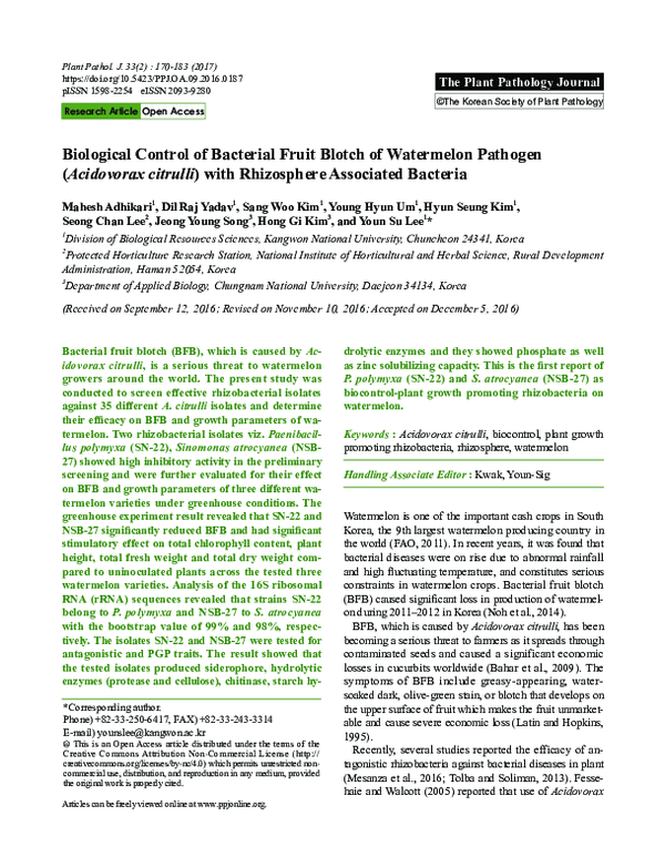 (PDF) Biological Control of Bacterial Fruit Blotch of Watermelon Pathogen (Acidovorax citrulli ...