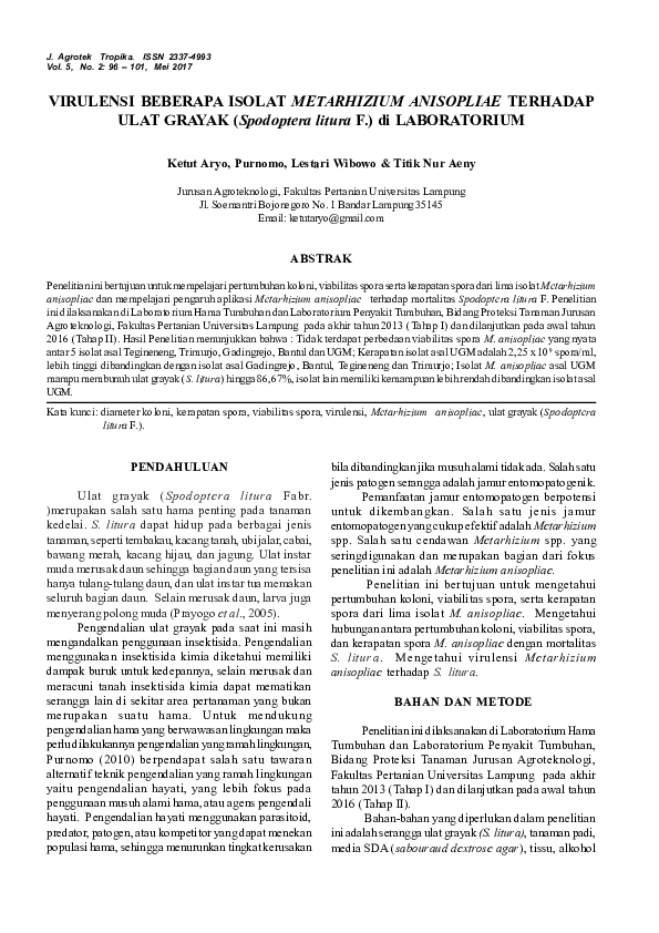 (PDF) VIRULENSI BEBERAPA ISOLAT METARHIZIUM ANISOPLIAE TERHADAP ULAT ...