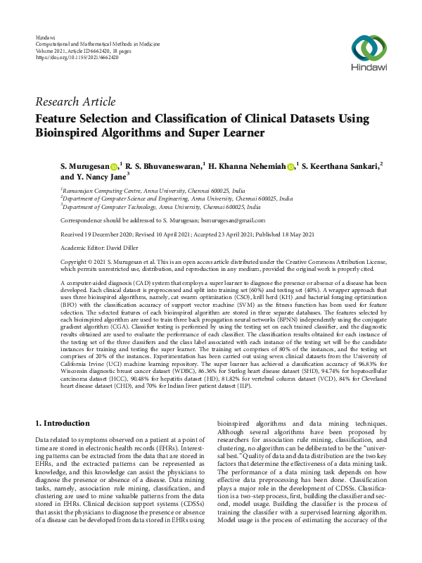 Pdf Feature Selection And Classification Of Clinical Datasets Using Bioinspired Algorithms And