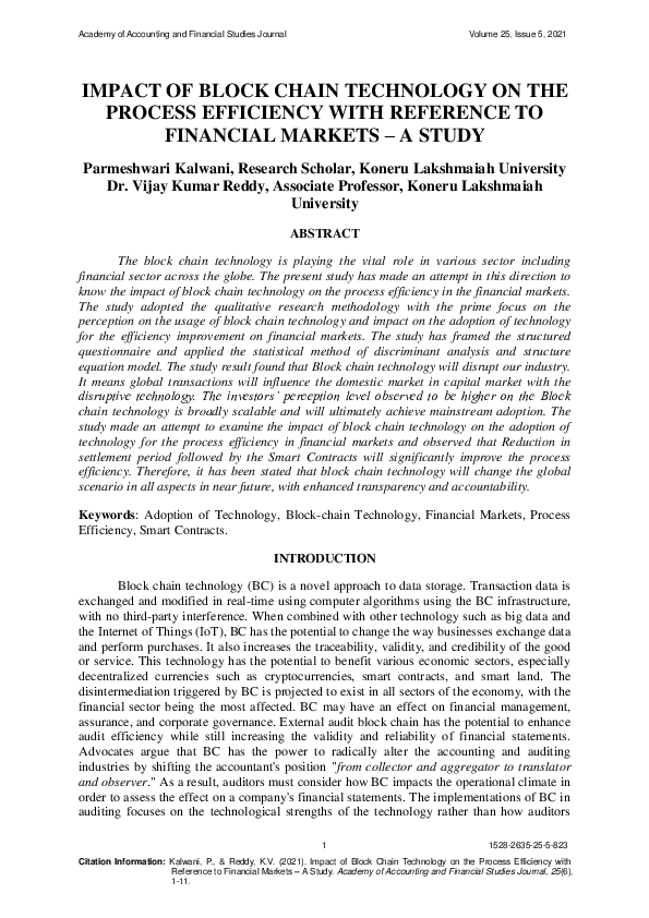 (PDF) Impact of Block Chain Technology on the Process Efficiency with Reference to Financial ...