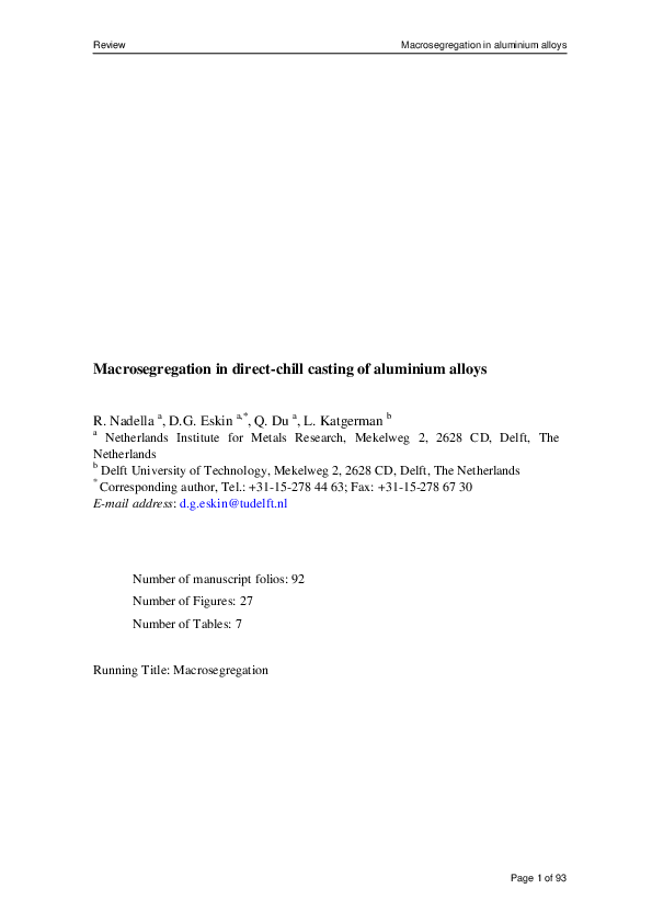 (PDF) Macrosegregation in direct-chill casting of aluminium alloys | R. Nadella - Academia.edu