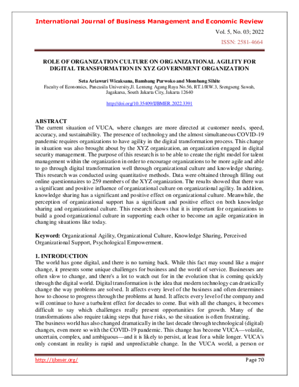 (PDF) Role of Organization Culture on Organizational Agility for Digital Transformation in Xyz ...