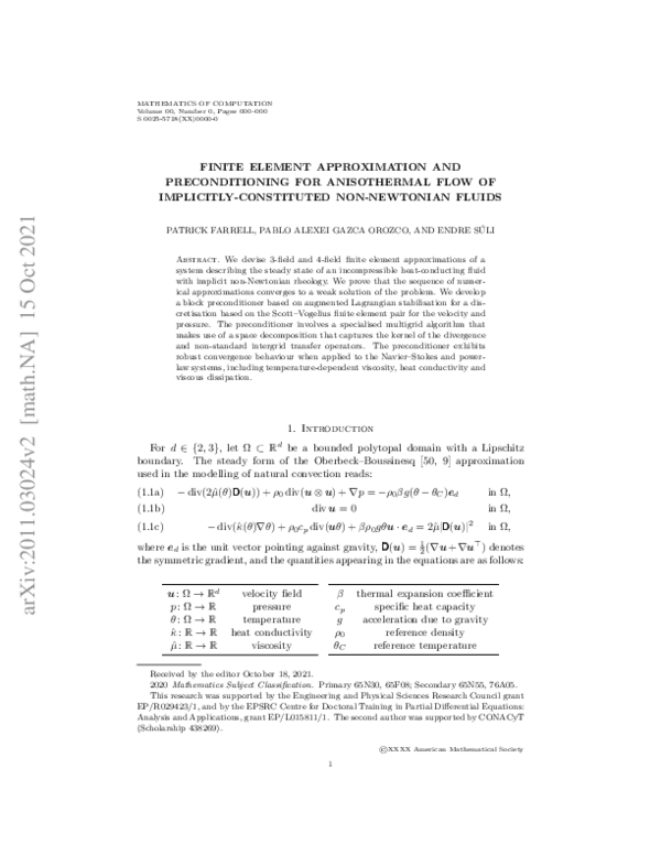 Pdf Finite Element Appoximation And Augmented Lagrangian Preconditioning For Anisothermal