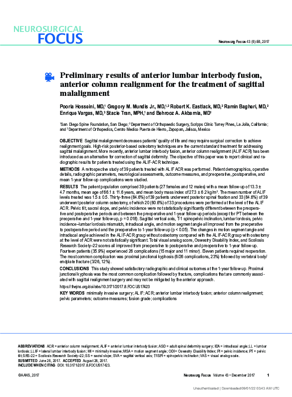 (PDF) Preliminary results of anterior lumbar interbody fusion, anterior ...