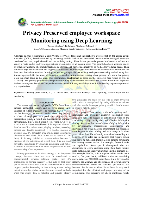 (PDF) Privacy Preserved employee workspace Monitoring using Deep Learning