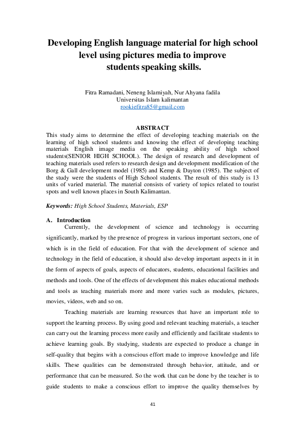 (PDF) Developing English language material for high school level using pictures media to improve ...