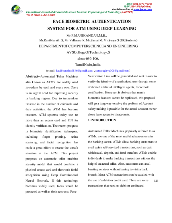 Pdf Face Biometric Authentication System For Atm Using Deep Learning