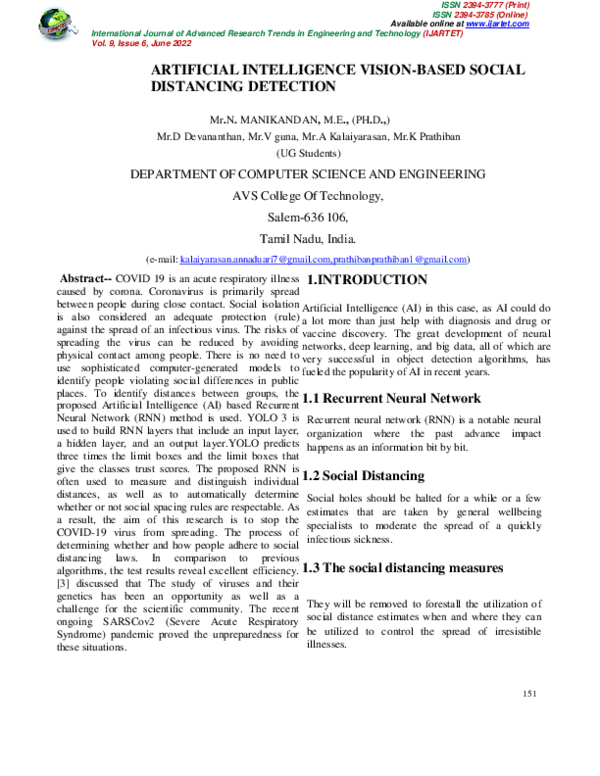 (PDF) ARTIFICIAL INTELLIGENCE VISION-BASED SOCIAL DISTANCING DETECTION