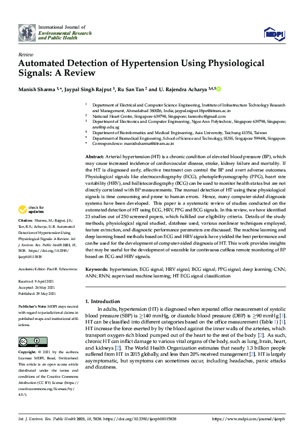 (PDF) Automated Detection of Hypertension Using Physiological Signals: A Review