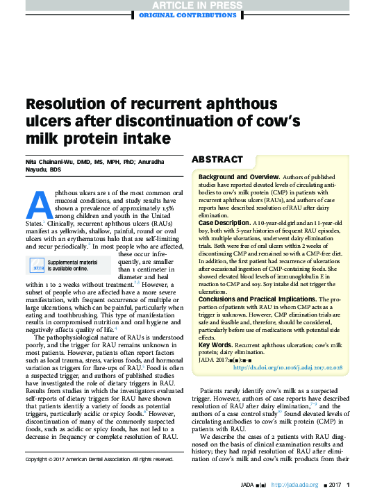 (PDF) Resolution of recurrent aphthous ulcers after discontinuation of cow’s milk protein intake