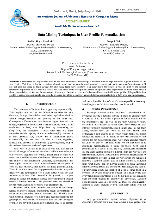 (PDF) Data Mining Techniques in User Profile Personalization | DEEPAK SAIN - Academia.edu