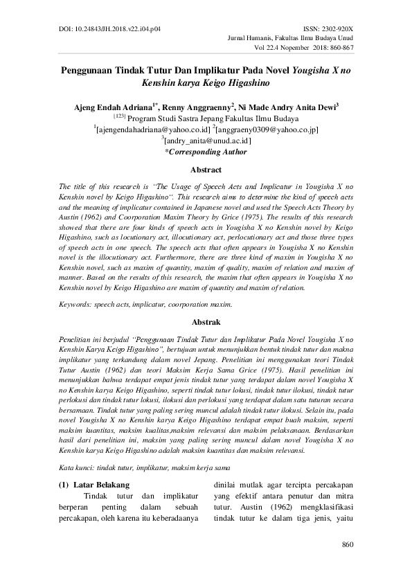 (PDF) Penggunaan Tindak Tutur Dan Implikatur Pada Novel Yougisha X no Kenshin karya Keigo Higashino