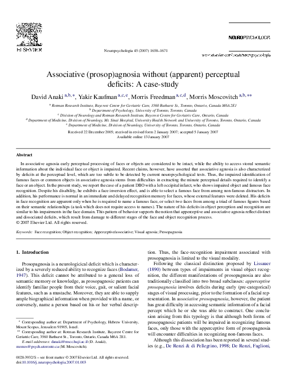(PDF) Associative (prosop)agnosia without (apparent) perceptual ...