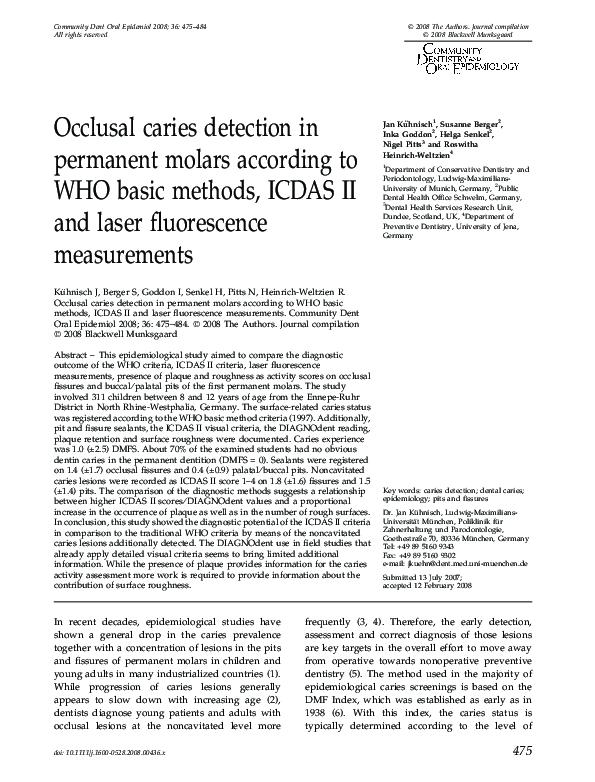 Pdf Occlusal Caries Detection In Permanent Molars According To Who Basic Methods Icdas Ii And